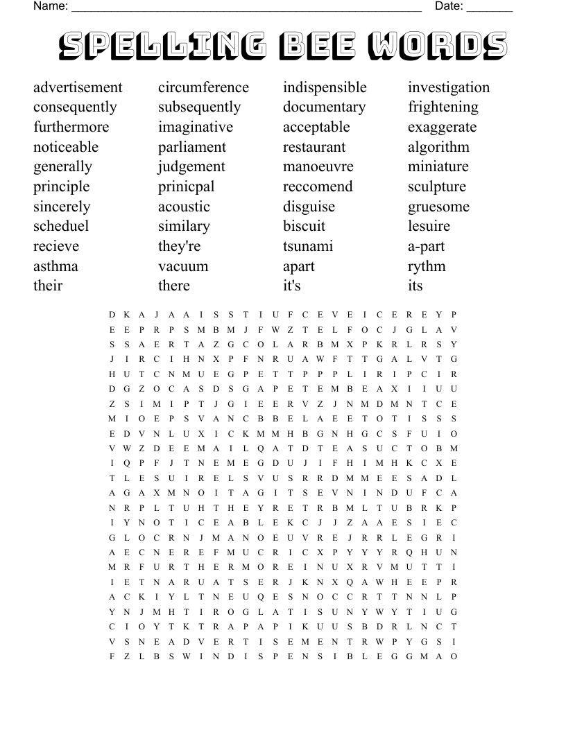 spelling bee words Word Search - WordMint