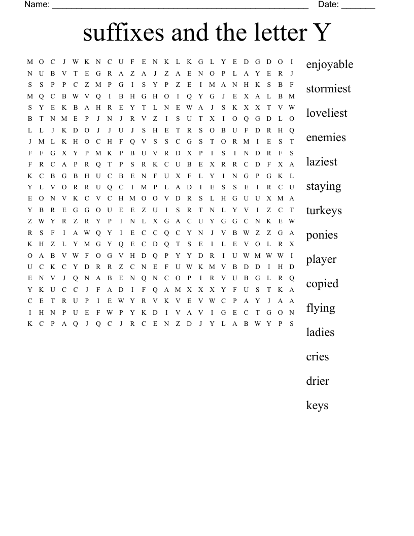suffixes and the letter Y Word Search - WordMint