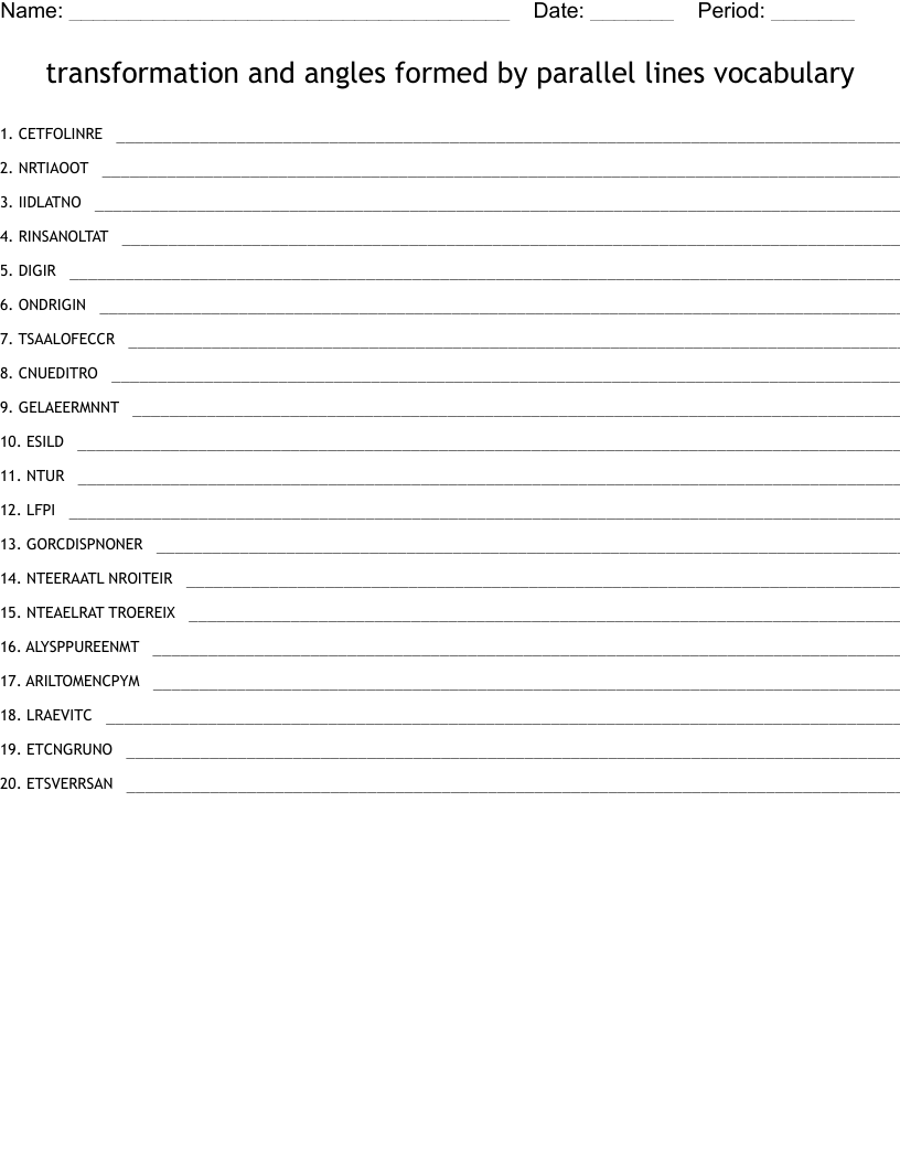 transformation and angles formed by parallel lines vocabulary Word ...