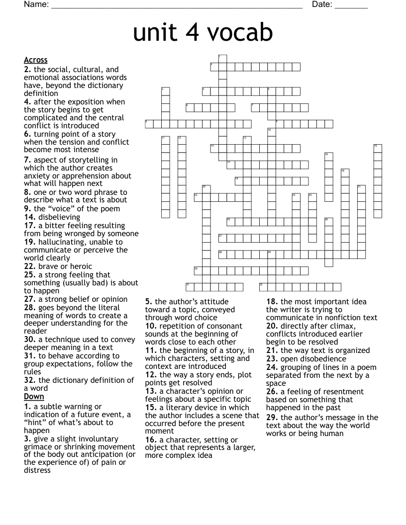 unit 4 vocab Crossword - WordMint