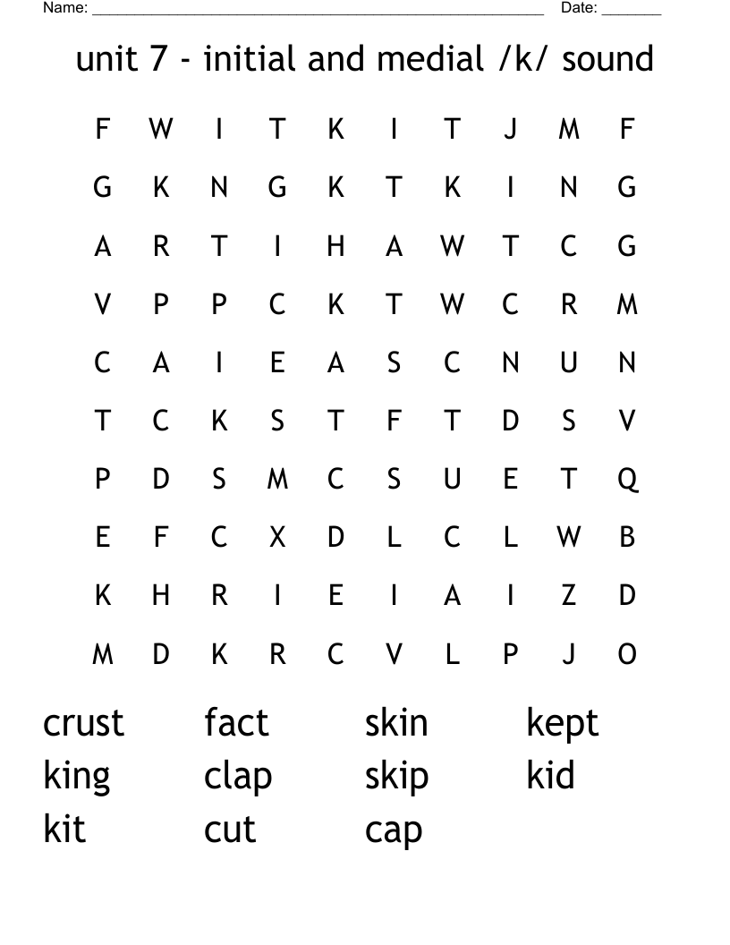 unit 7 - initial and medial /k/ sound Word Search - WordMint