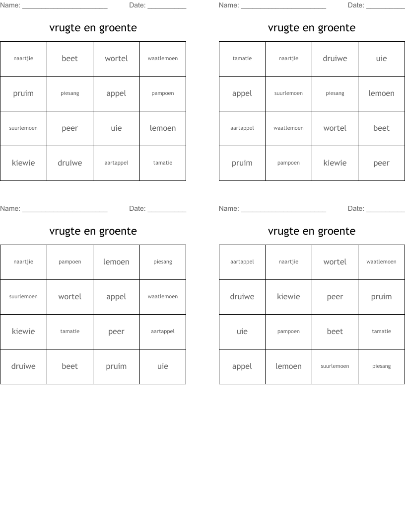 vrugte en groente Bingo Cards - WordMint